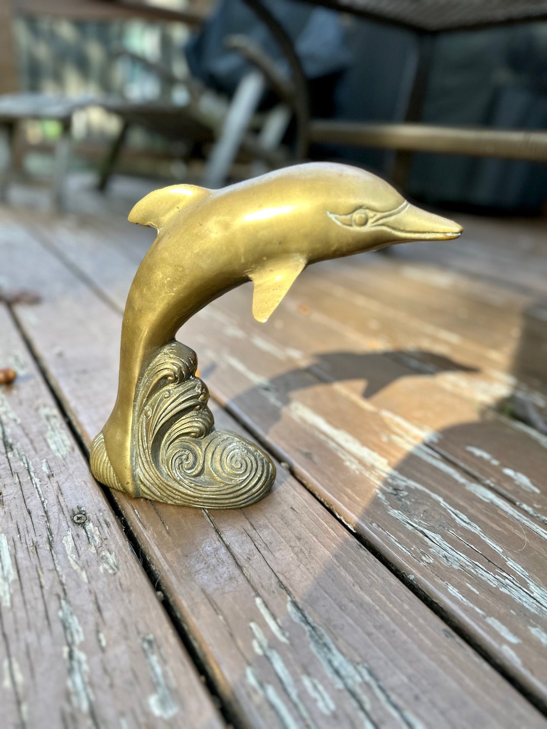 Vintage Brass Leaping Dolphin Figurine Statue 9.5” Tall, Jumping Waves ...