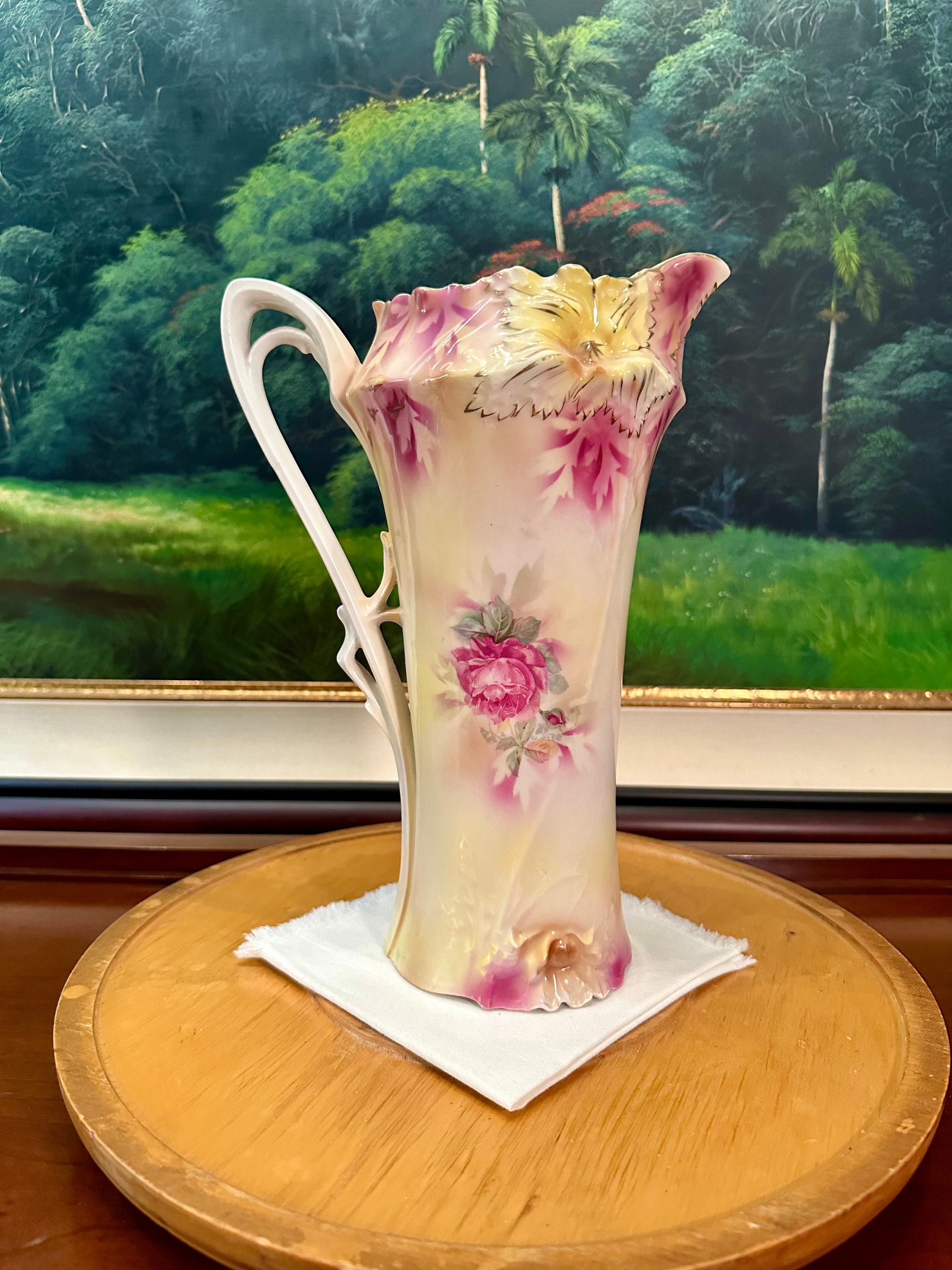 Antique RS Prussia Carnation Mold Tankard Pitcher With Pink White Roses ...