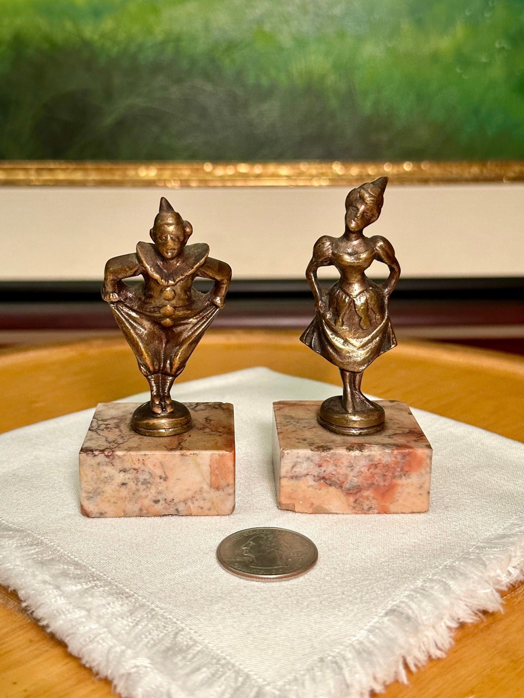 Antique Pair Miniature Bronze Harlequin Statues Figures on Marble Bases ...