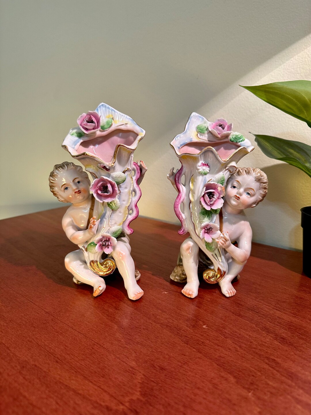 Vintage Pair Noritake Japan Porcelain Cherub Vases, Figural Intricate ...
