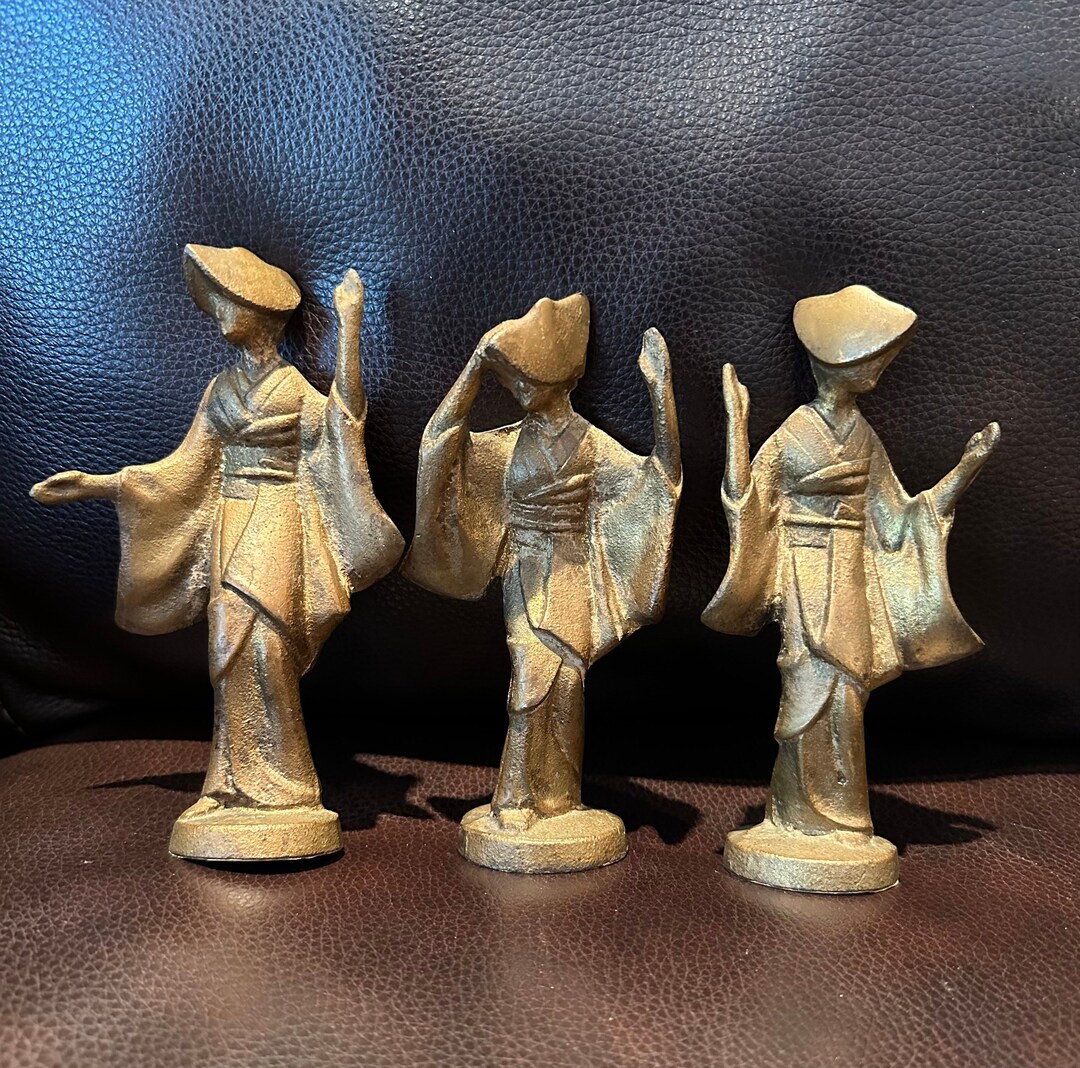 Vintage Set 3 Cast Iron Awa Odori Geisha Dancer Figurines: Mid Century ...