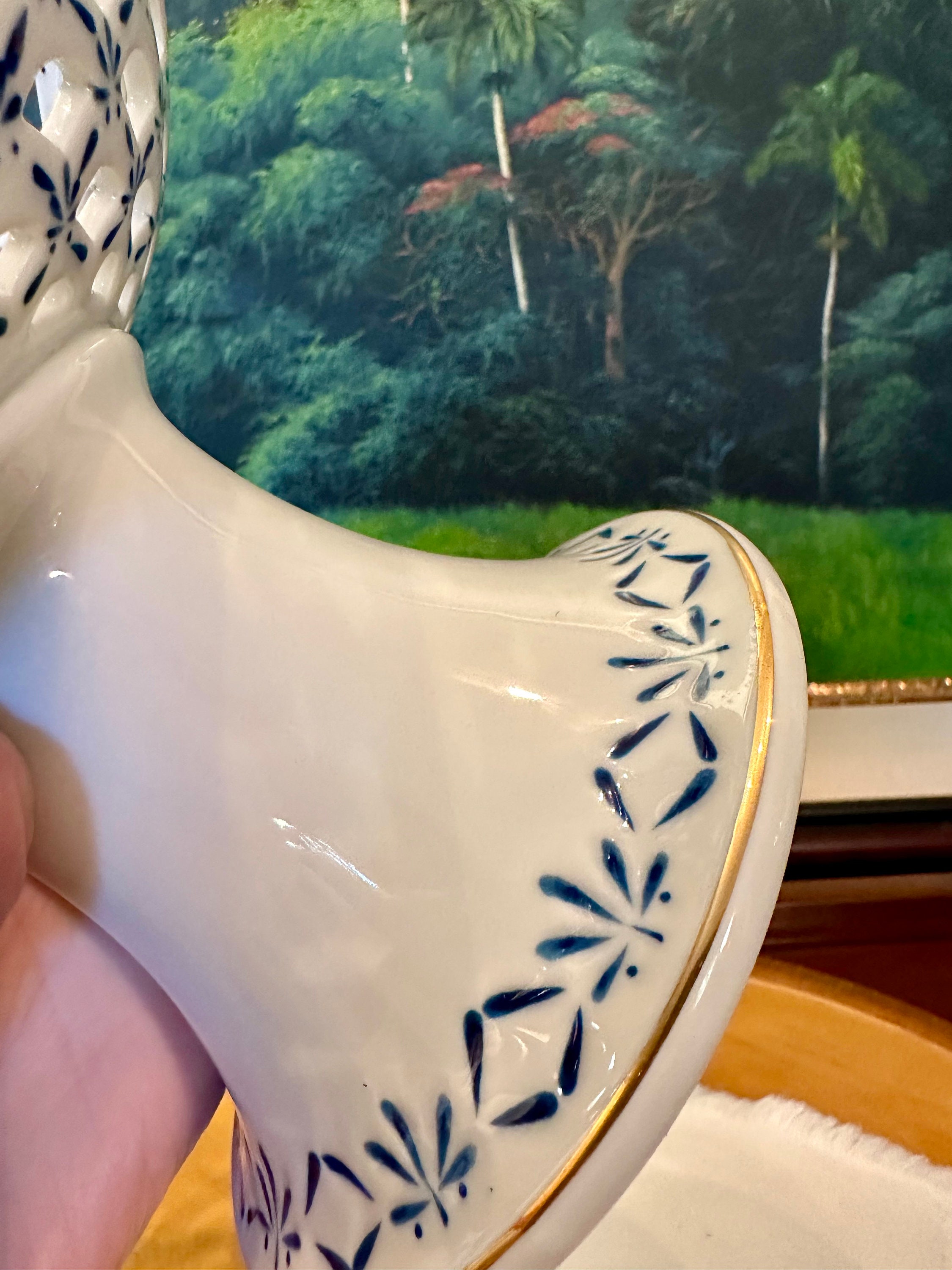 Andrea by Sadek Blue White Pierced Reticulated Porcelain Compote, Ca ...