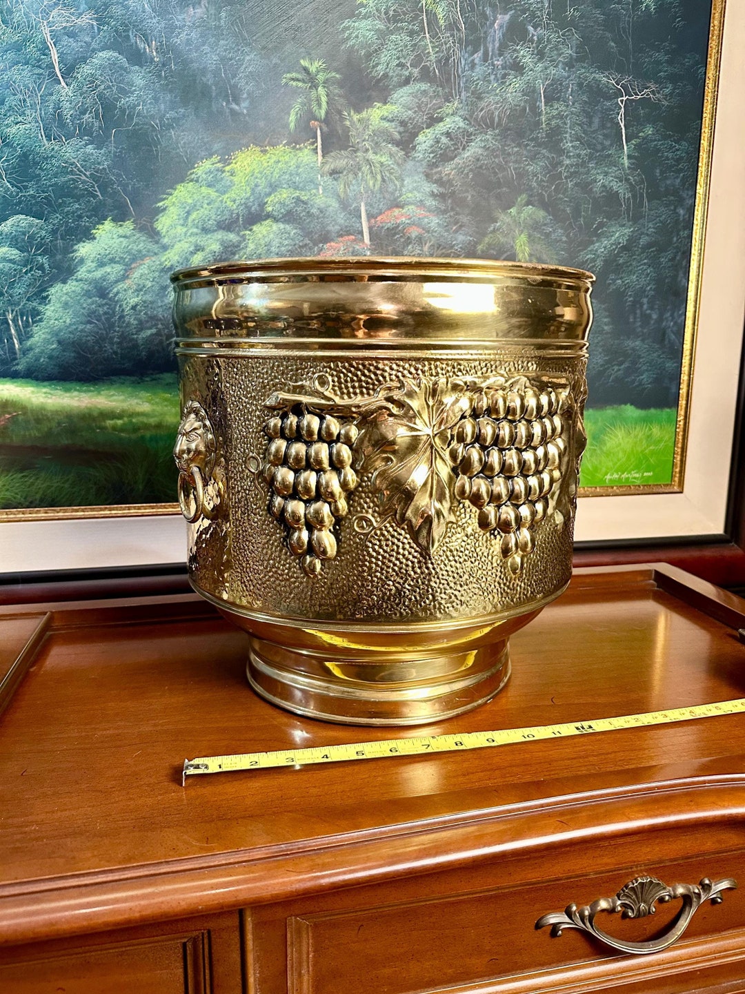 Early Century Large Repoussé Brass Grape Vine Cachepot Planter W/ Lion ...