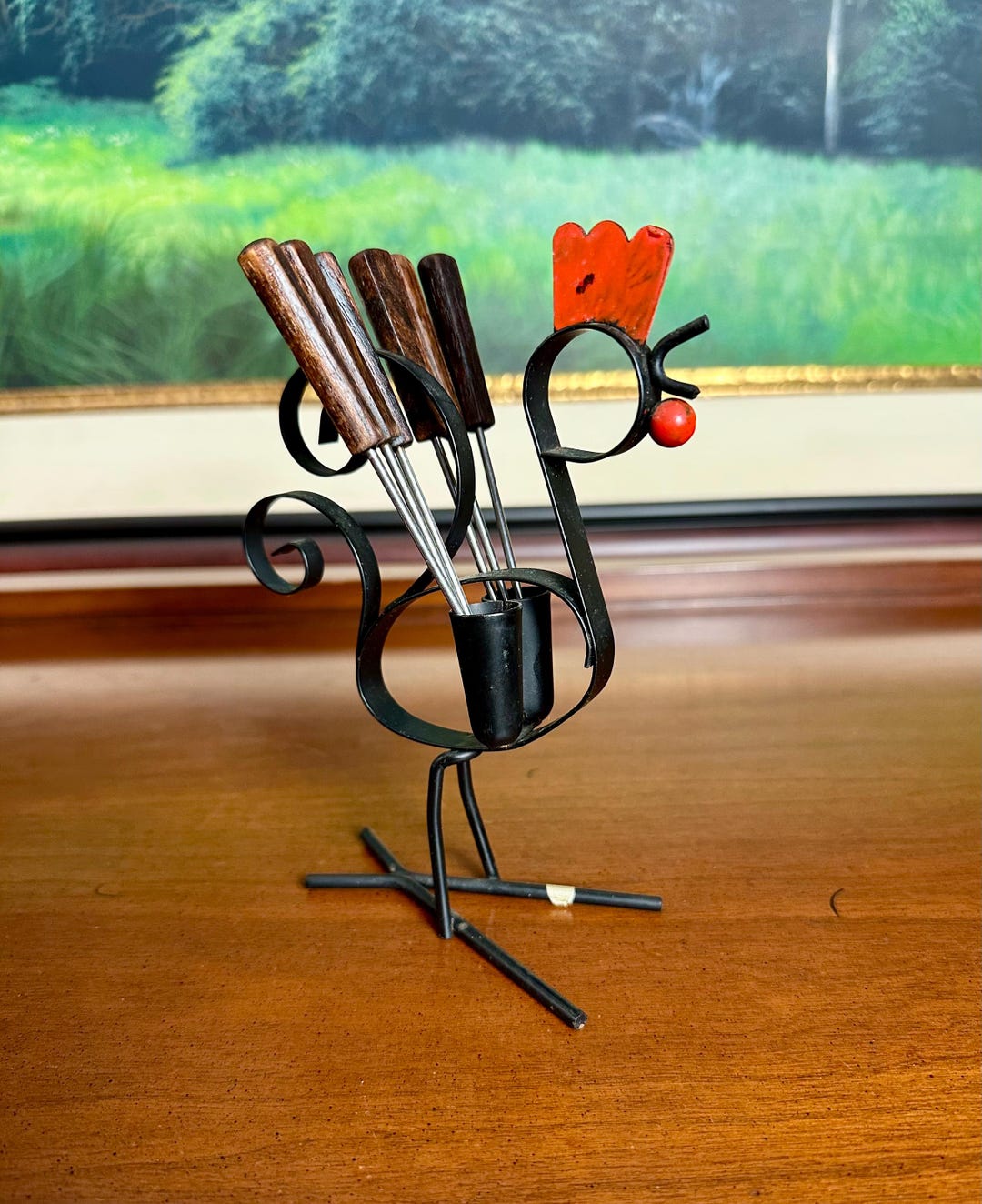 Mid Century Black Iron Rooster Skewer Pick Holder W/ 6 Wood & Metal ...