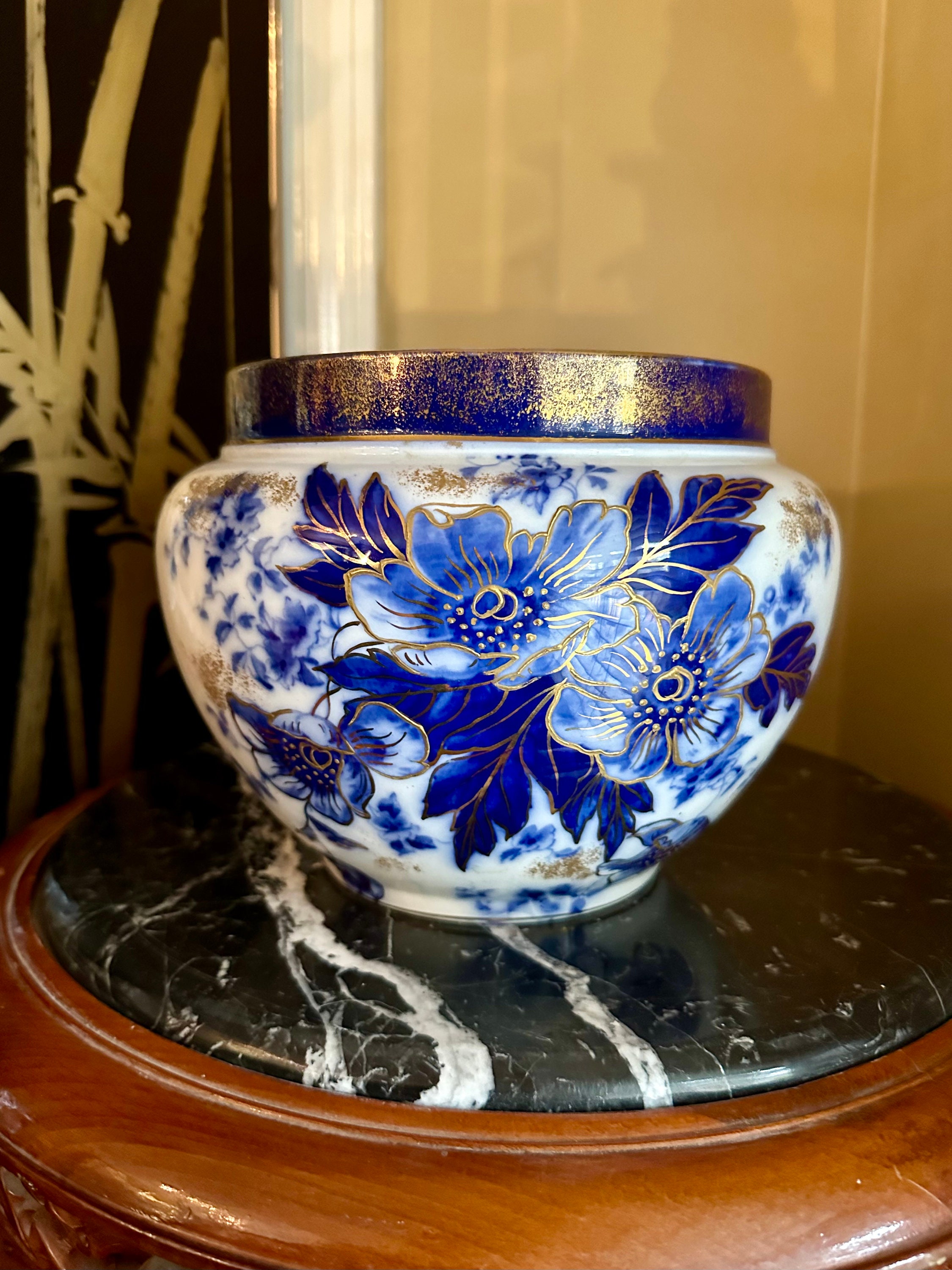 Antique Victorian Jardiniere Pot, Hand Painted Flowers Blue White Gold ...