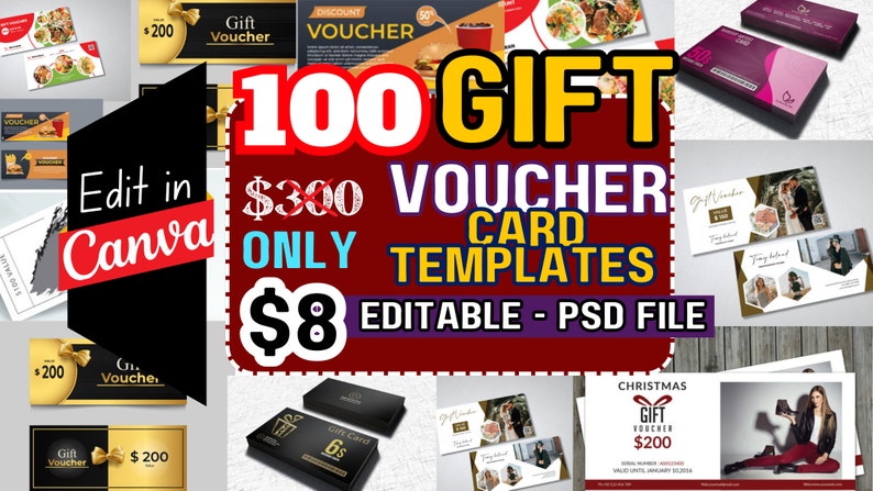 100 Editable Gift Voucher Template Bundle for Canva Surprise - Etsy