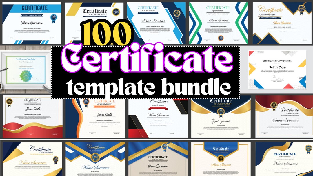 100 Modern Editable Certificate Templates Bundle Pack, Printable Award ...