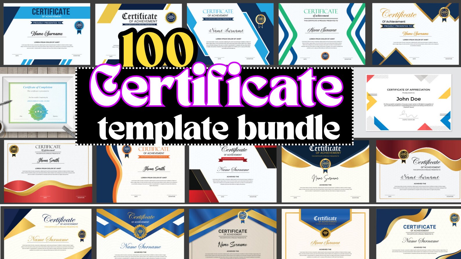 100 Modern Editable Certificate Templates Bundle Pack, Printable Award ...