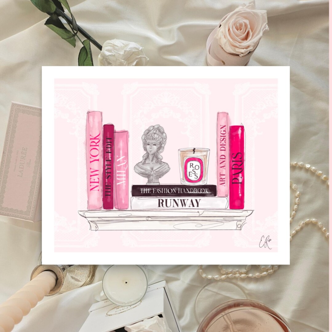 The Luxe Bookshelf Print in Raspberry Rose - Wall Art Print - Etsy