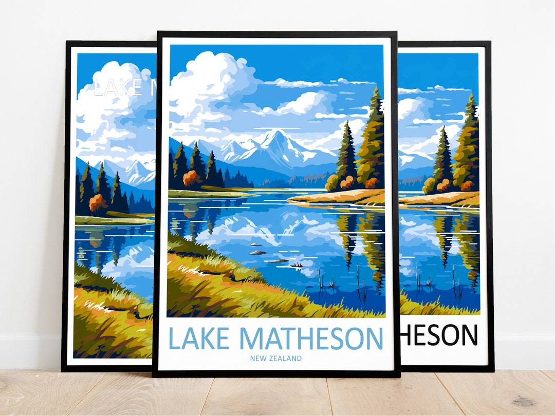 Lake Matheson Travel Poster Lake Matheson Print New Zealand Art Print ...
