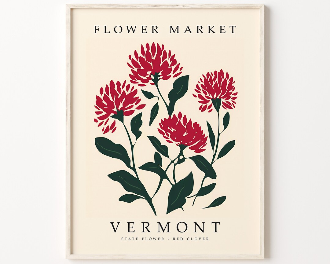 Vermont FLOWER MARKET Vermont STATE Flower Print Red Clover Flower ...