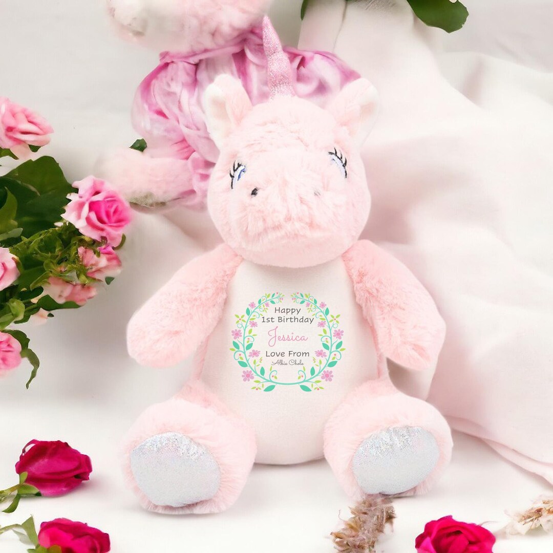 Personalised Happy 1st Birthday Pink Flower Ring Plush Soft Toy ...