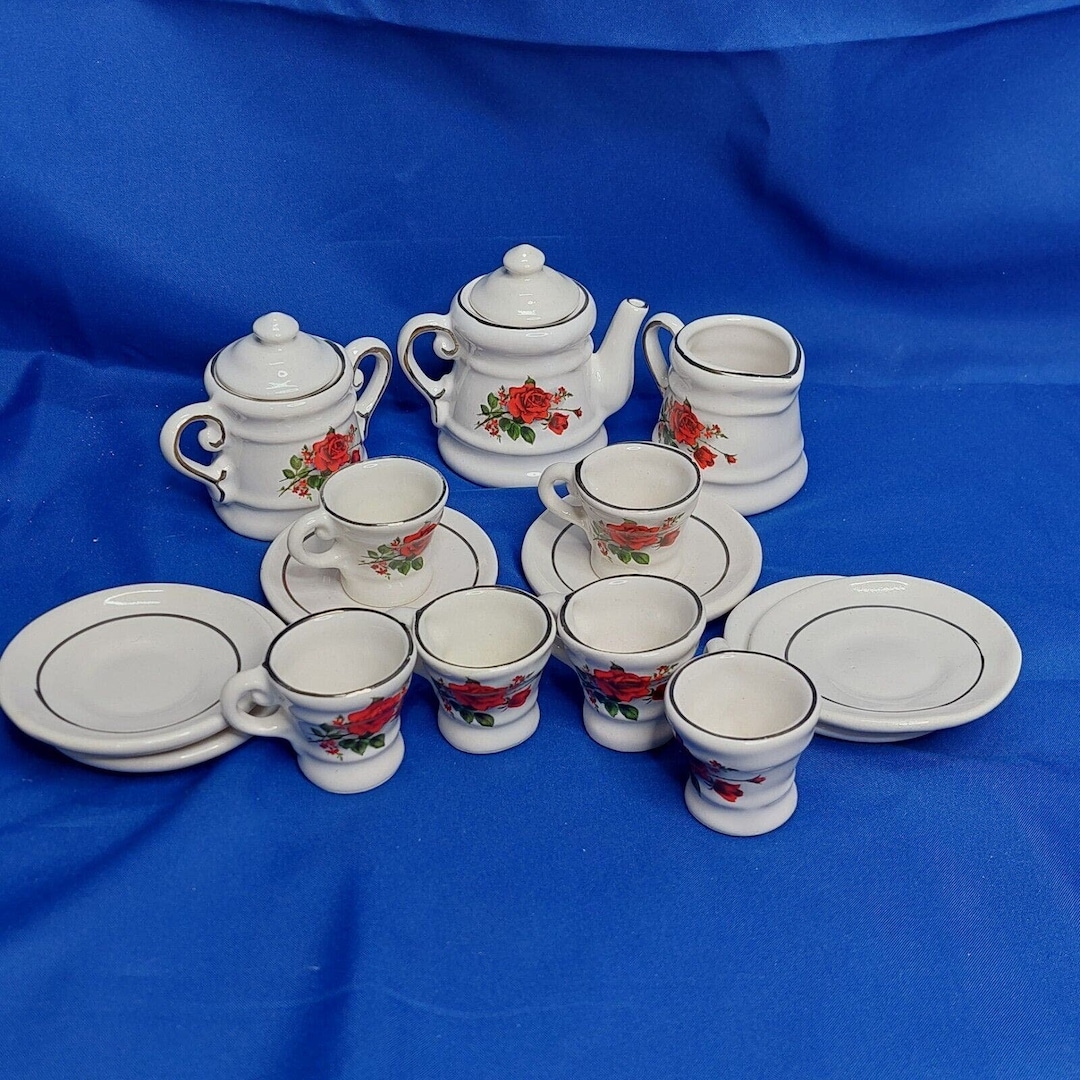 Red Rose Miniature Tea Set 17 Piece Doll House Tea Set Cups Saucers ...