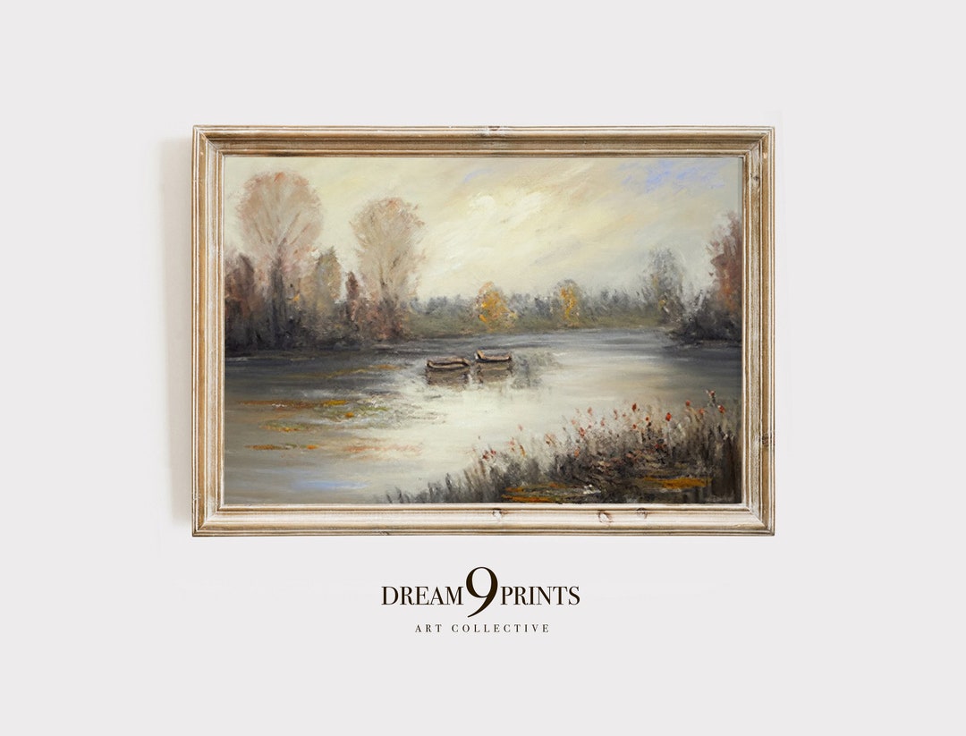 Vintage Landscape Painting of a Lake, Digital Print, Muted Colors ...