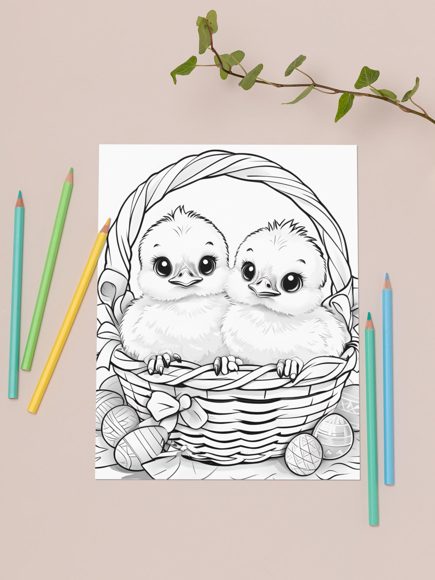 Easter Coloring Page PDF | Cute Baby Chicks in Basket | Kids Easter ...