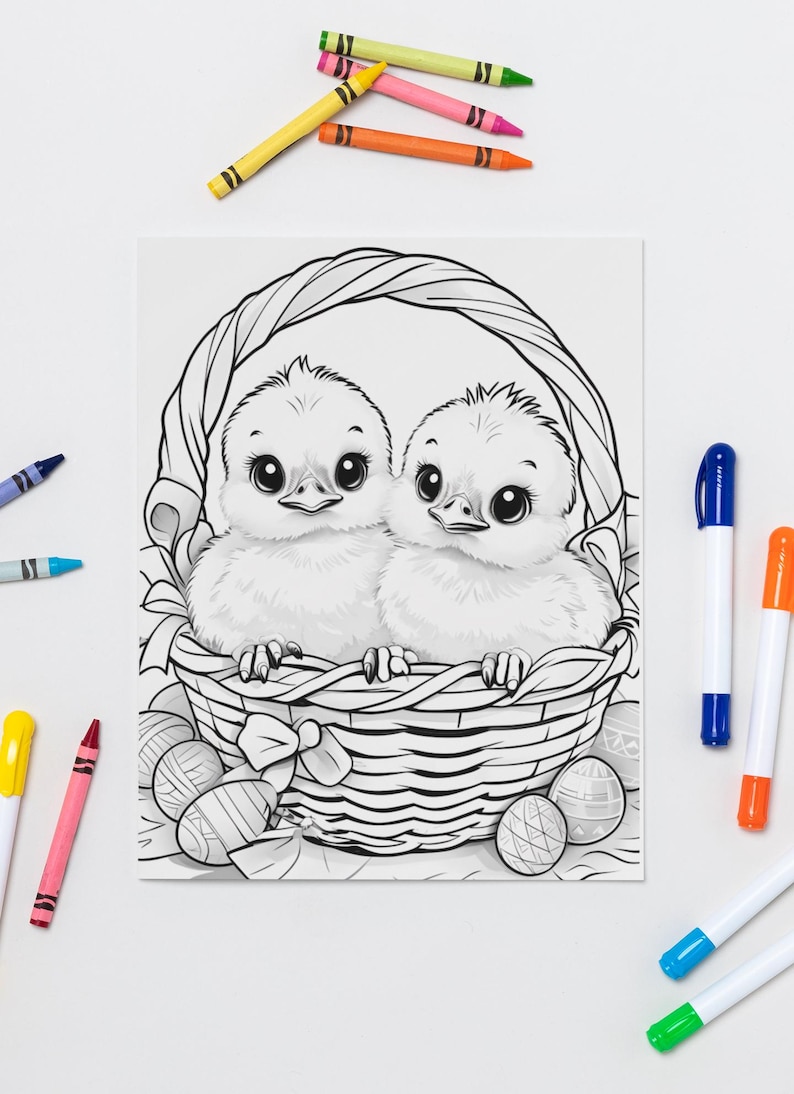 Easter Coloring Page PDF | Cute Baby Chicks in Basket | Kids Easter ...