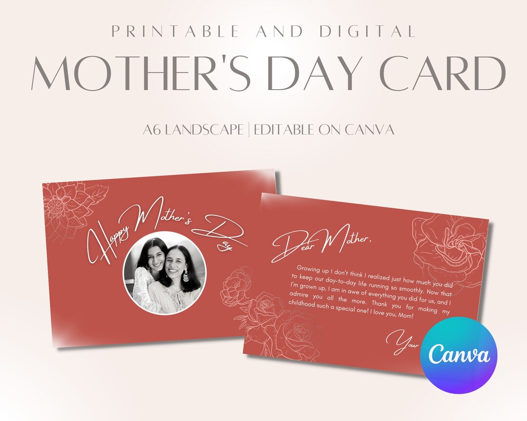 Printable Digital Mother's Day Card, Editable Card on Canva A6 - Etsy