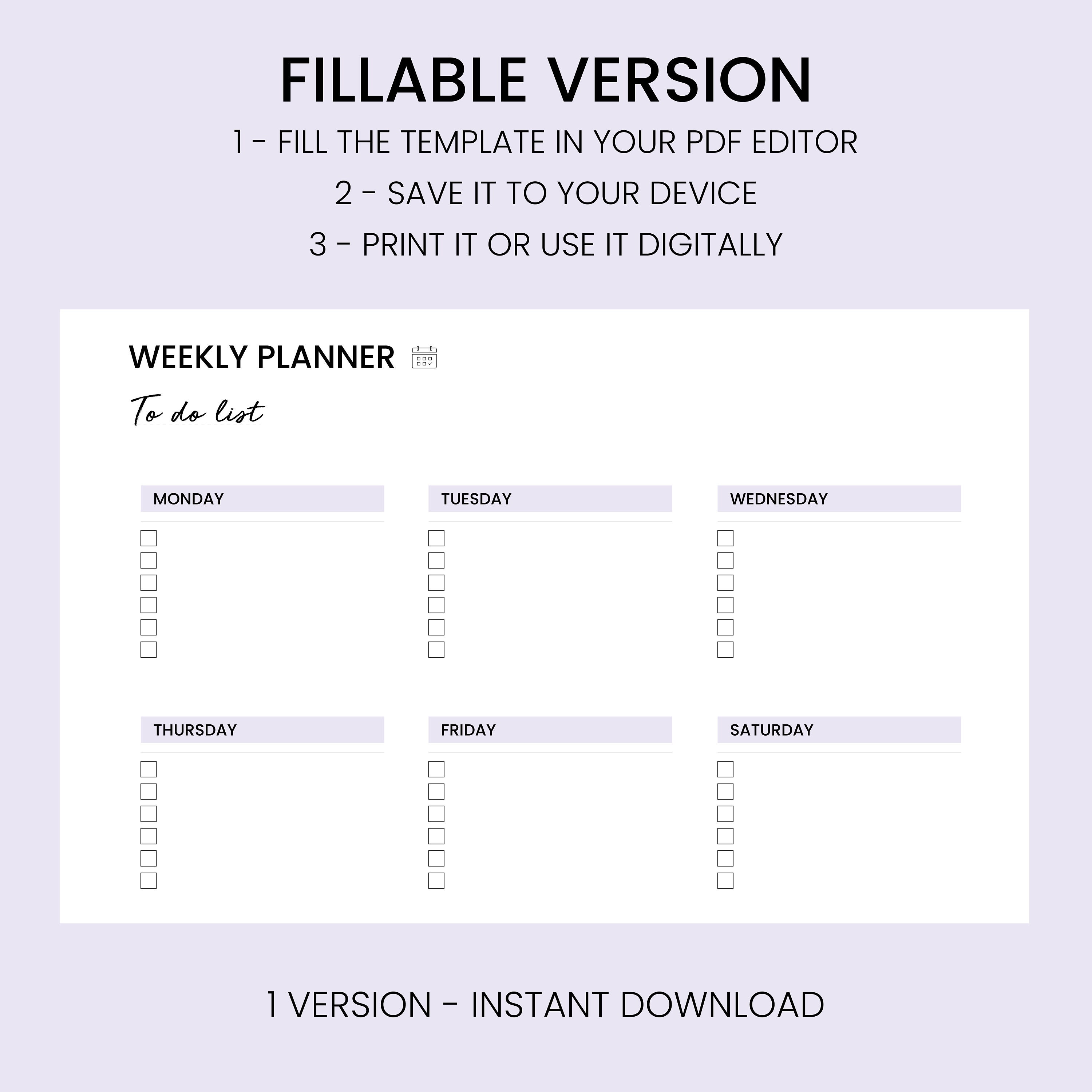 Weekly Planner - Printable - Purple - Organization - PDF - Etsy
