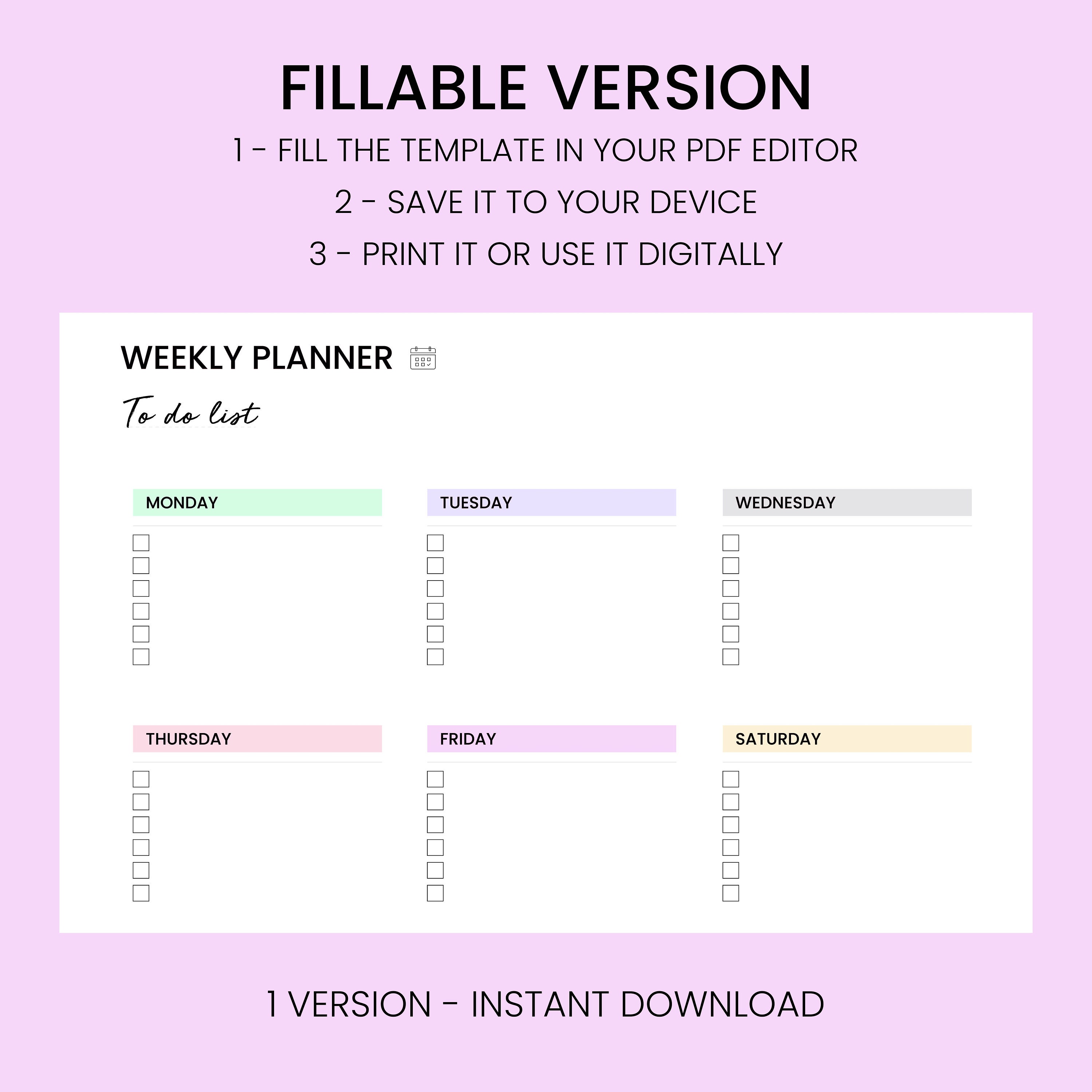 Weekly Planner - Printable - Color - Organization - PDF - Etsy
