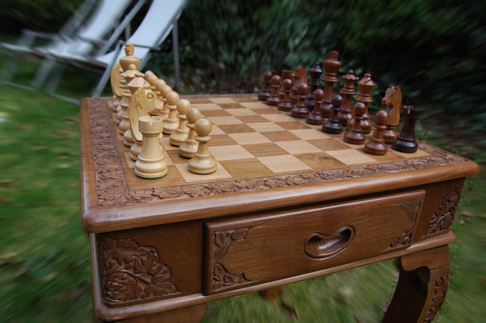 Hand Carved Walnut Wooden Chess Table - Etsy