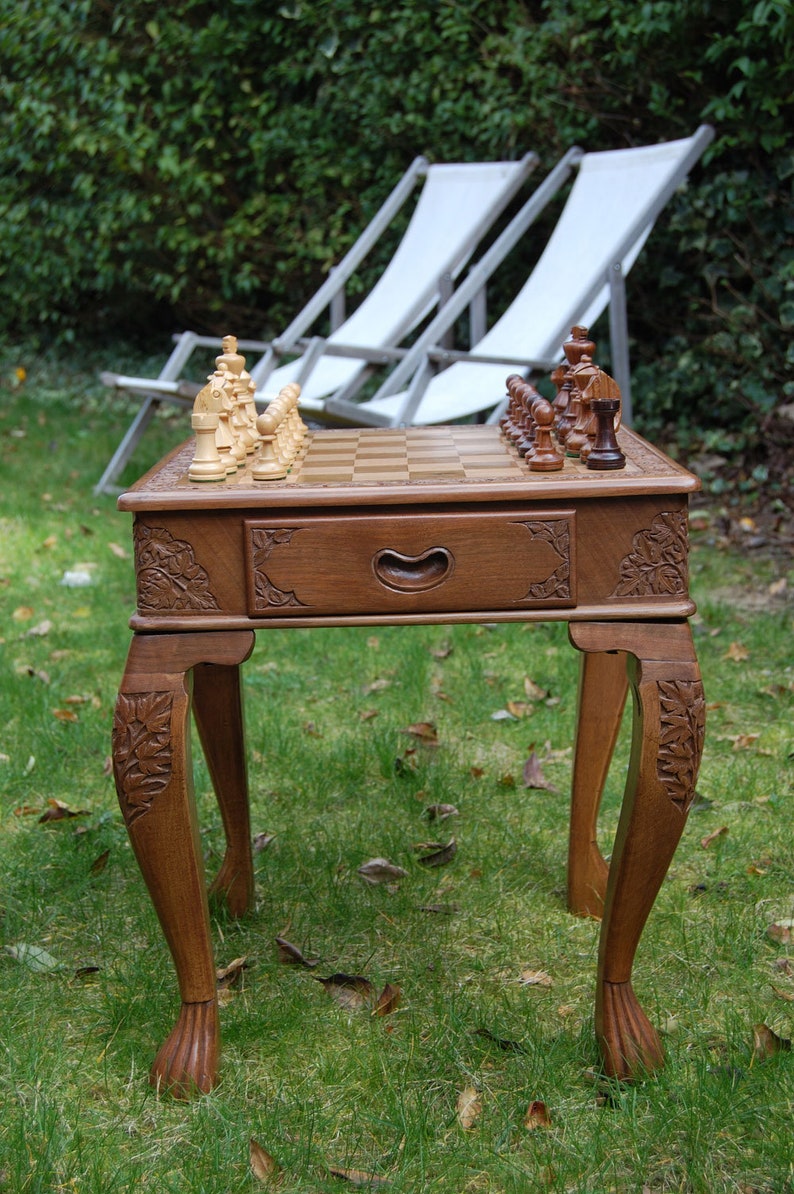 Hand Carved Walnut Wooden Chess Table - Etsy