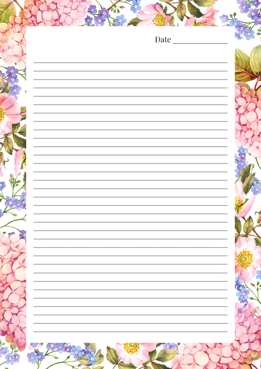 Beautiful A4 Lined Floral Paper Digital Download Printable Stationery ...