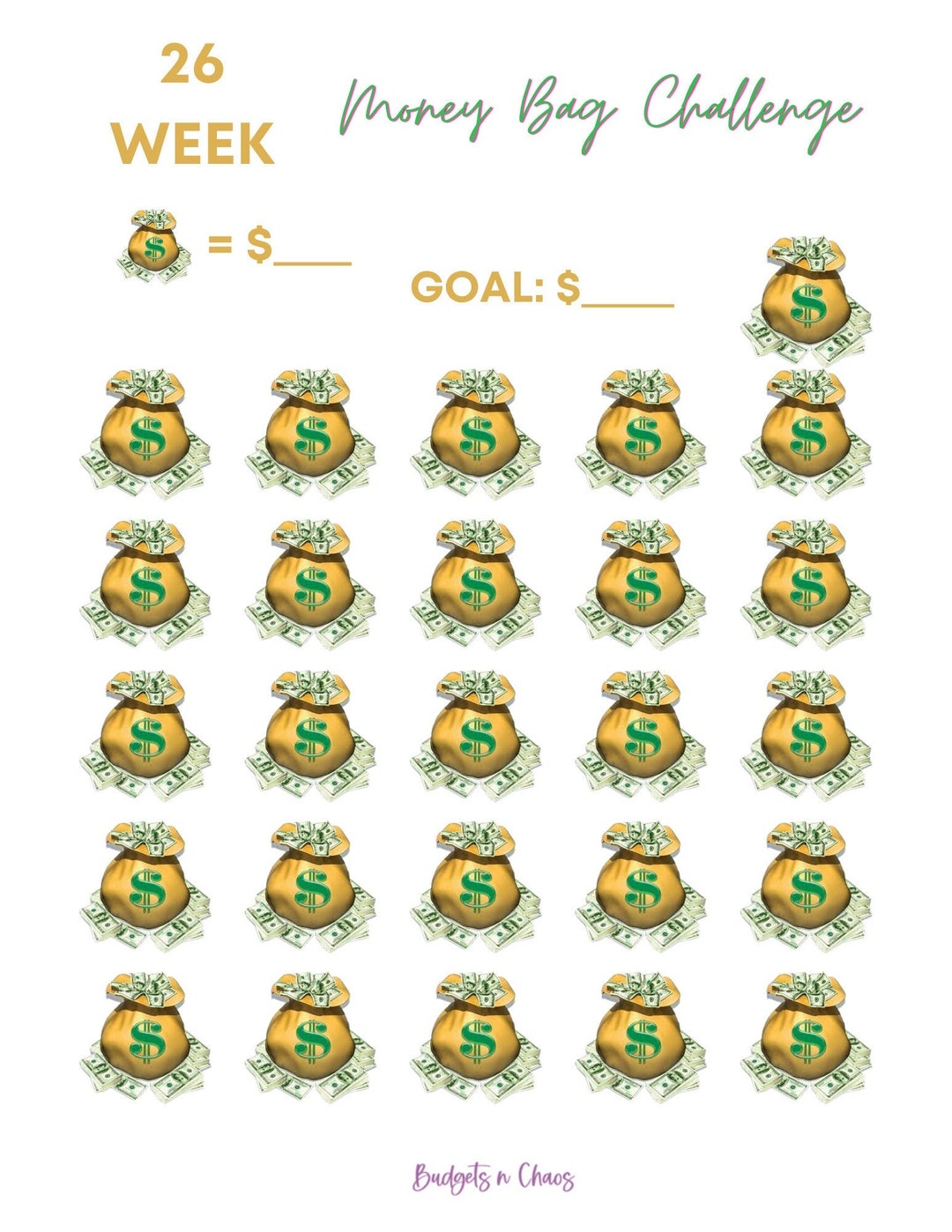 26 Week Money Bags Savings Challenge | Savings Tracker | Cash Envelopes ...