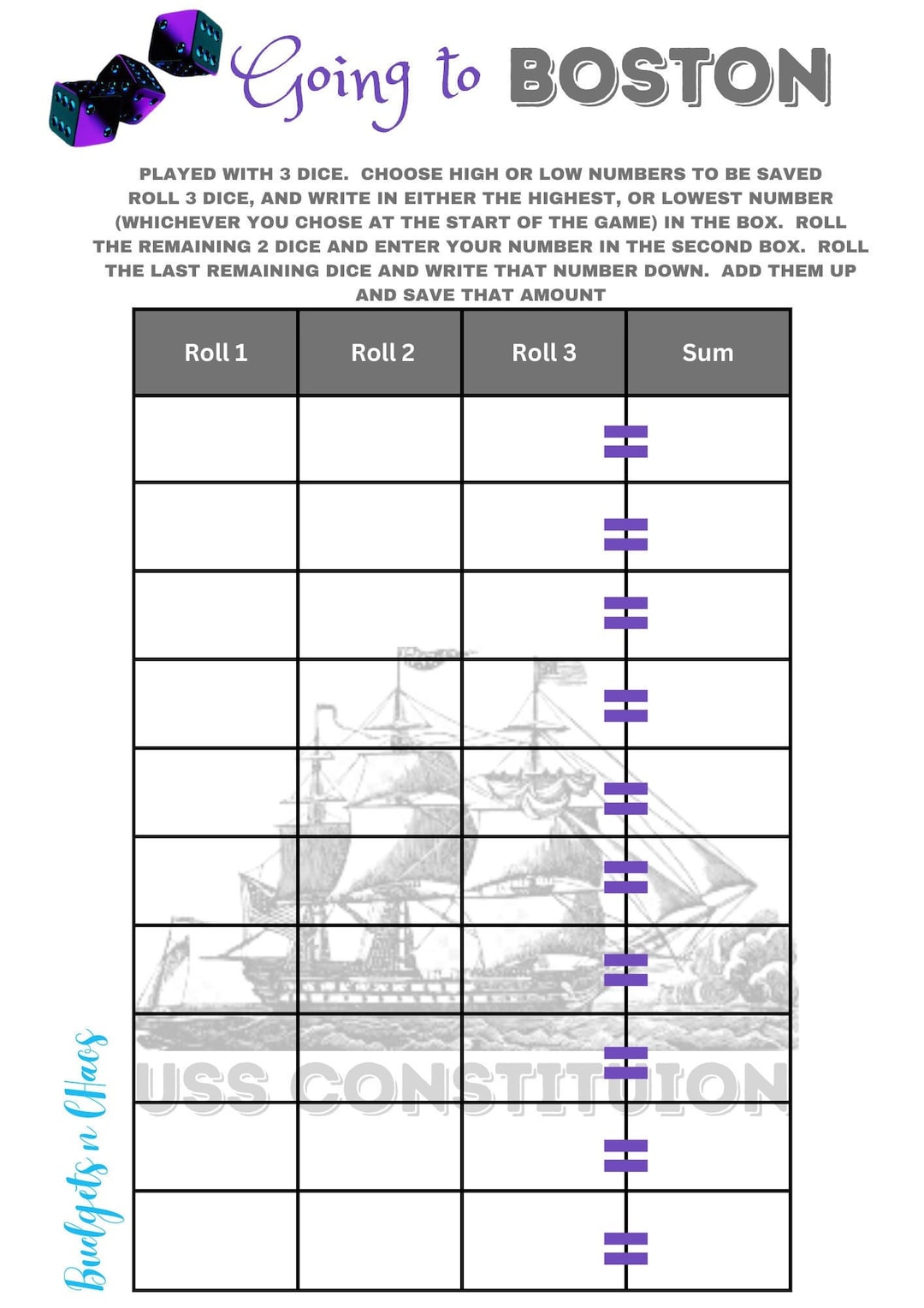 Going to Boston Dice Game Savings Challenge | Savings Tracker | Cash ...