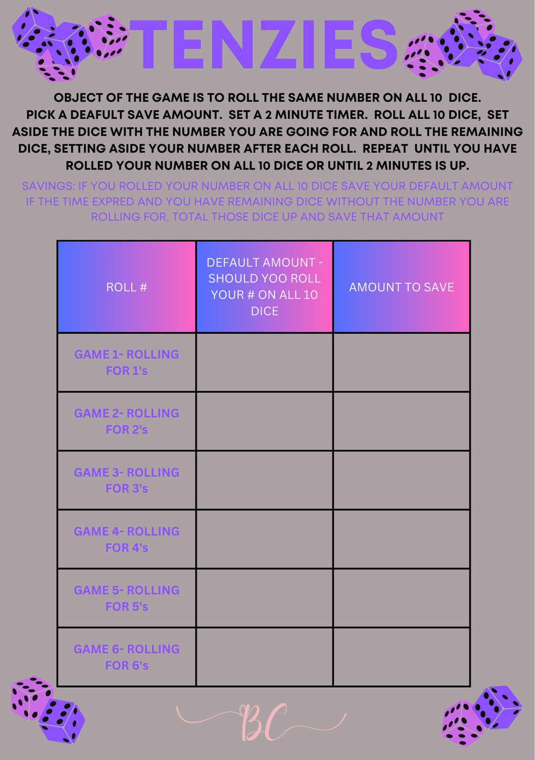 Tenzies Dice Game Savings Challenge | Savings Tracker | Cash Envelopes ...
