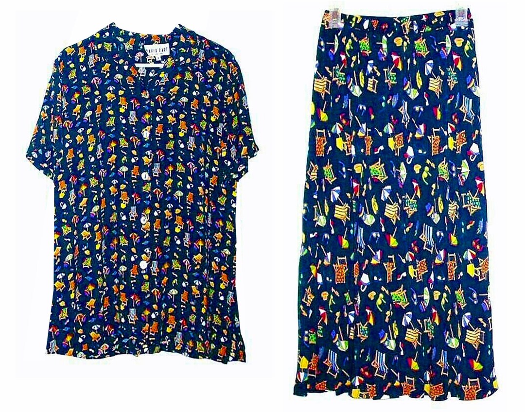 VTG David Dart Beach Print 2-pc Skirt Set W/button Down Blouse and ...