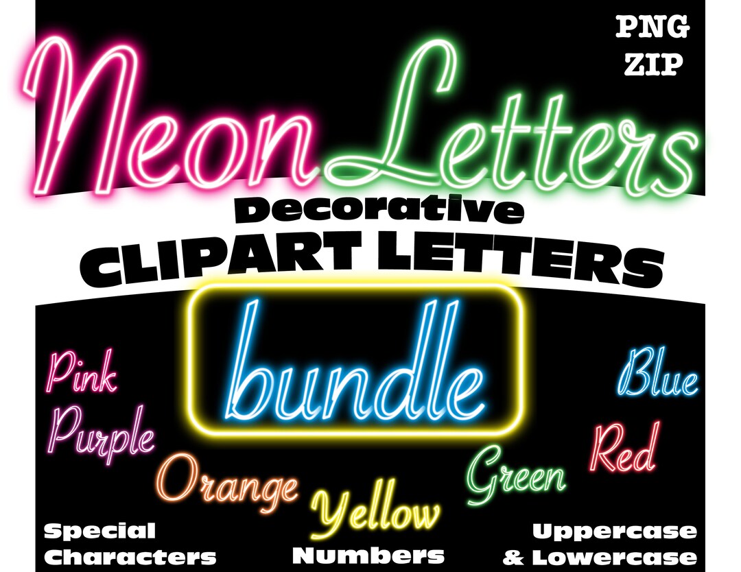 Glowing Neon Sign Clipart Letters Bundle PNG Digital Download 7 ...