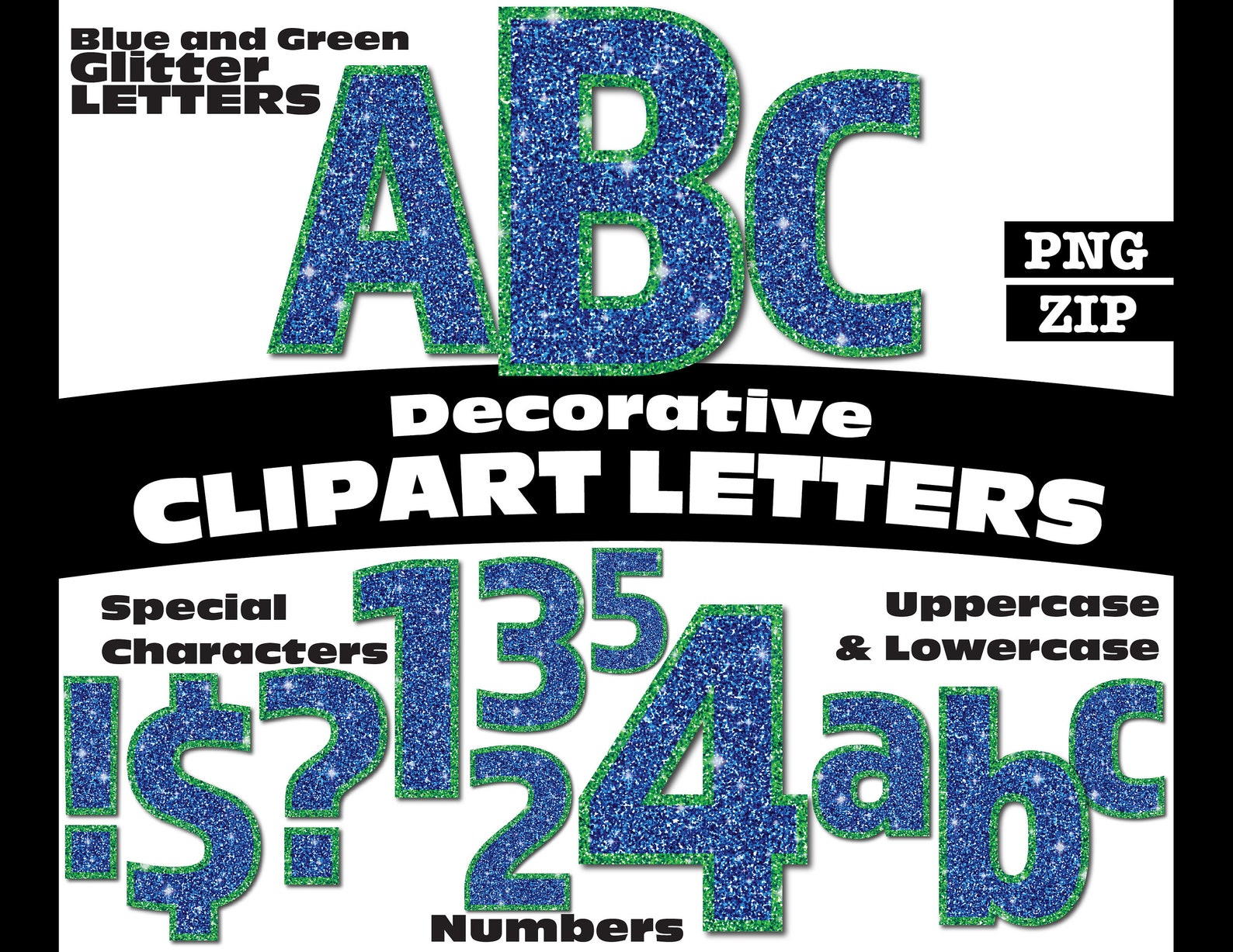 Blue and Green Glitter Clipart Letters PNG Digital Download Complete ...