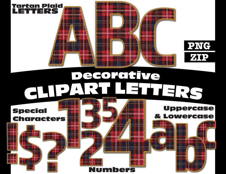Tartan Plaid Embroidered Clipart Letters PNG Font Digital Download ...