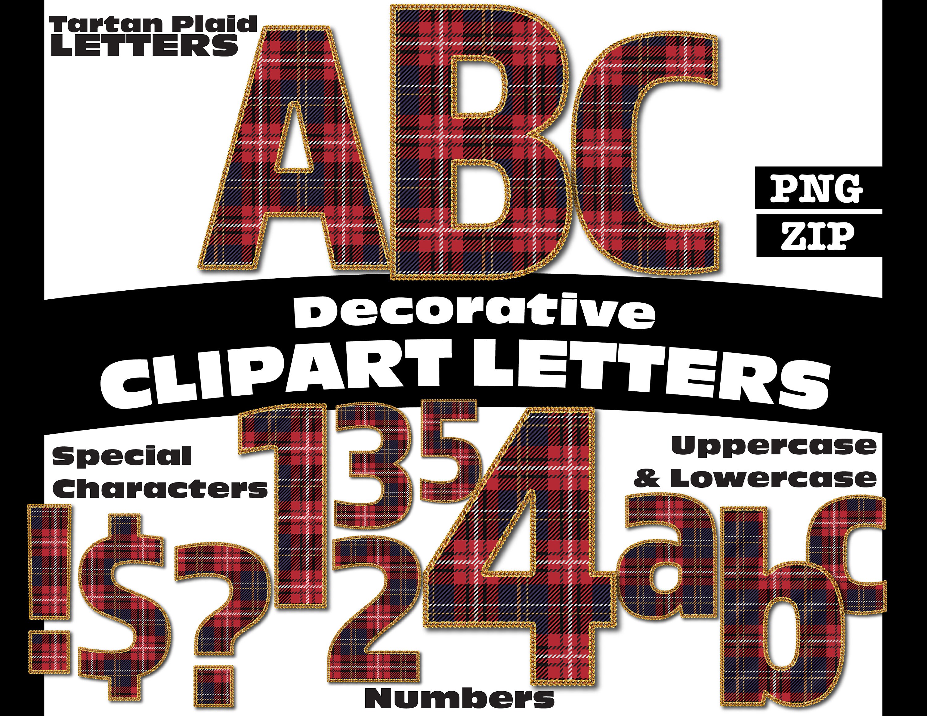 Tartan Plaid Embroidered Clipart Letters PNG Font Digital Download ...