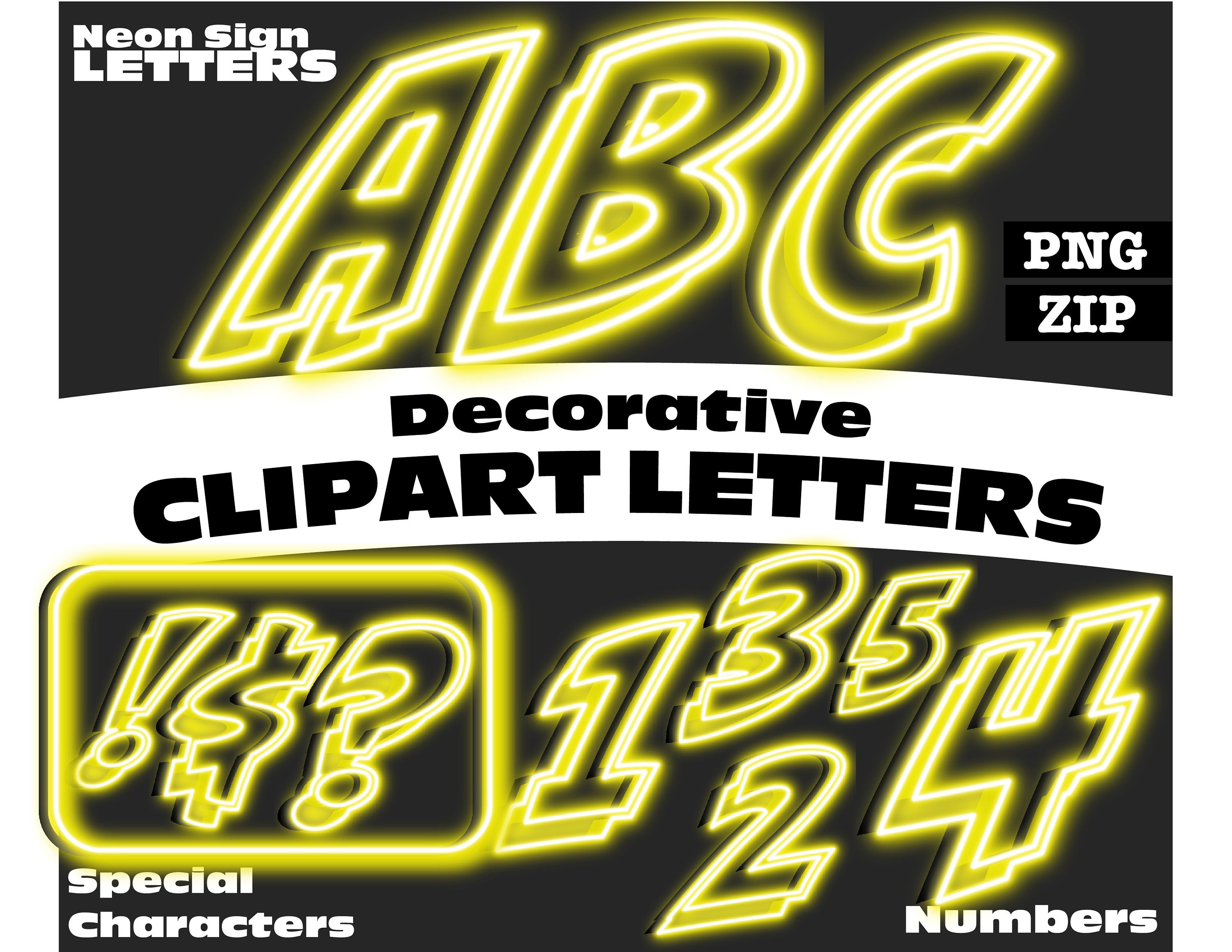 Glowing Yellow Neon Sign Clipart Letters PNG Digital Download Complete ...