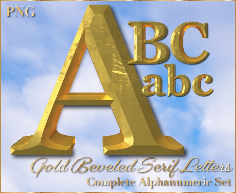 3D Shiny Gold Beveled Clipart Letters PNG Digital Download Serif Font ...