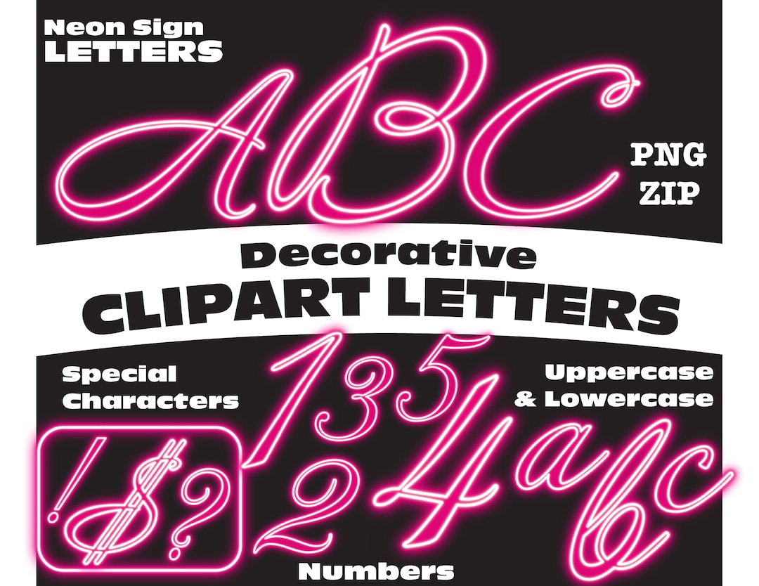 Hot Pink Glowing Neon Sign Clipart Letters PNG Digital Download ...
