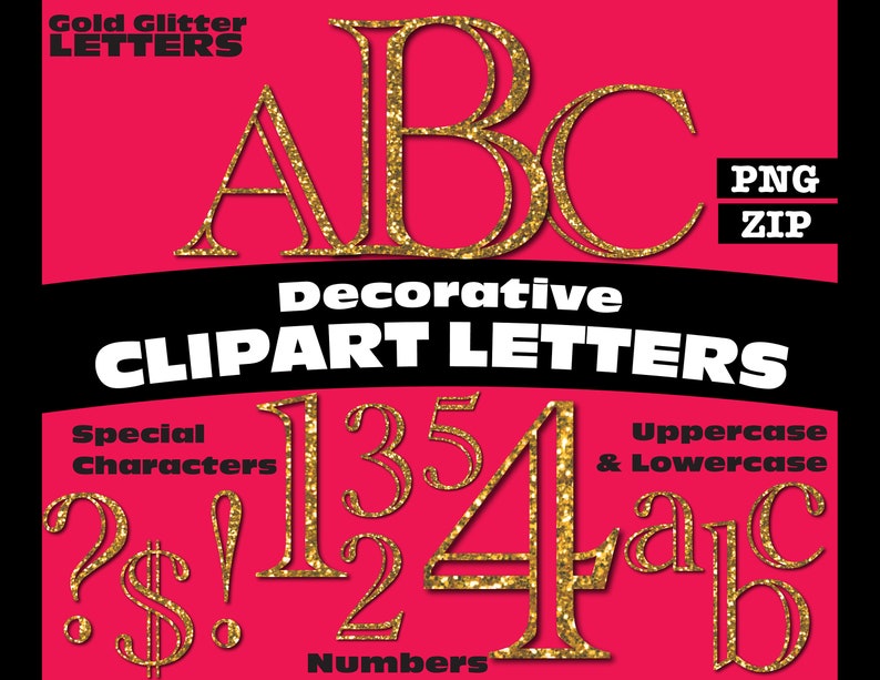 Gold Glitter Clipart Letters PNG Digital Download Complete Alphanumeric ...