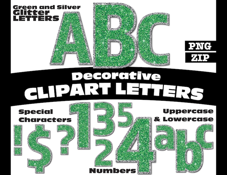Green and Silver Glitter Clipart Letters PNG Digital Download Complete ...