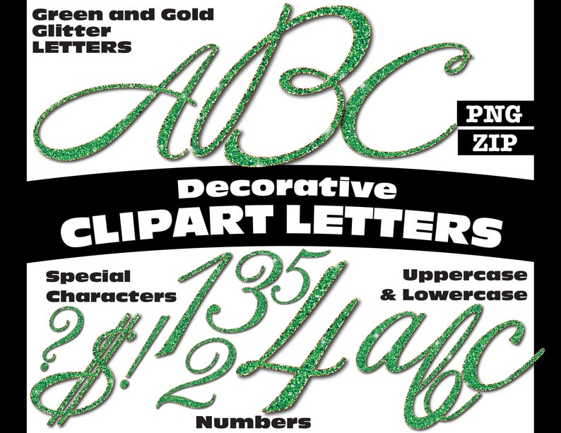 Green and Gold Glitter Clipart Letters PNG Digital Download Complete ...