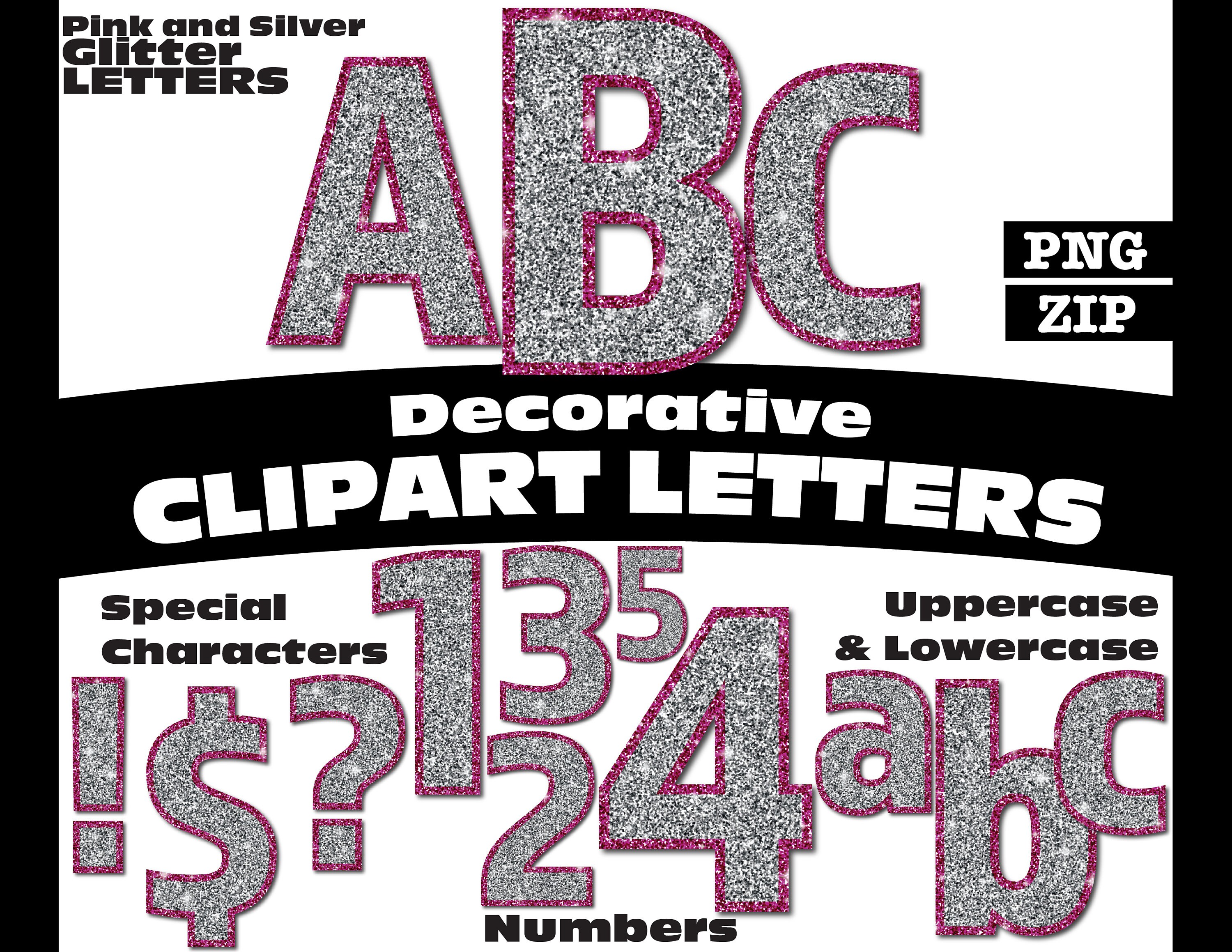 Silver and Pink Glitter Clipart Letters PNG Digital Download Complete ...