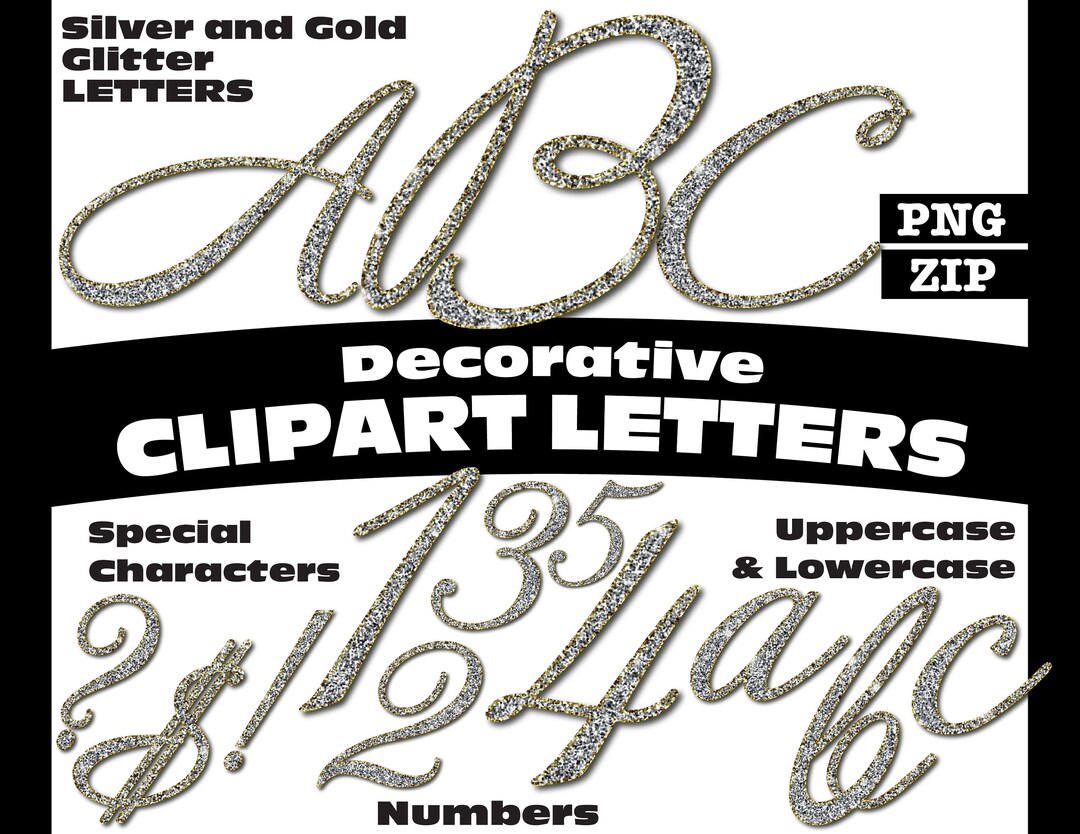 Silver and Gold Glitter Clipart Letters PNG Digital Download Complete ...