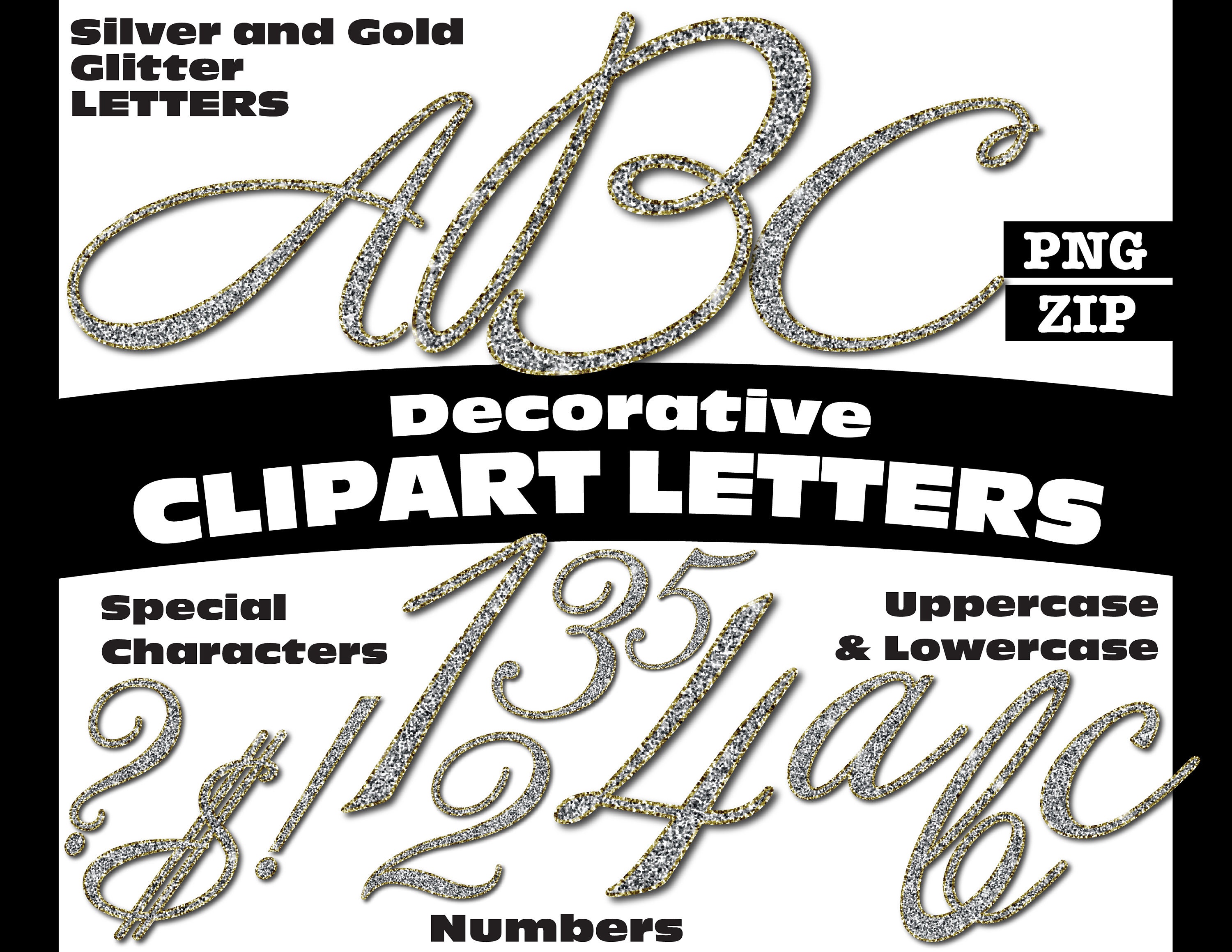 Silver and Gold Glitter Clipart Letters PNG Digital Download Complete ...