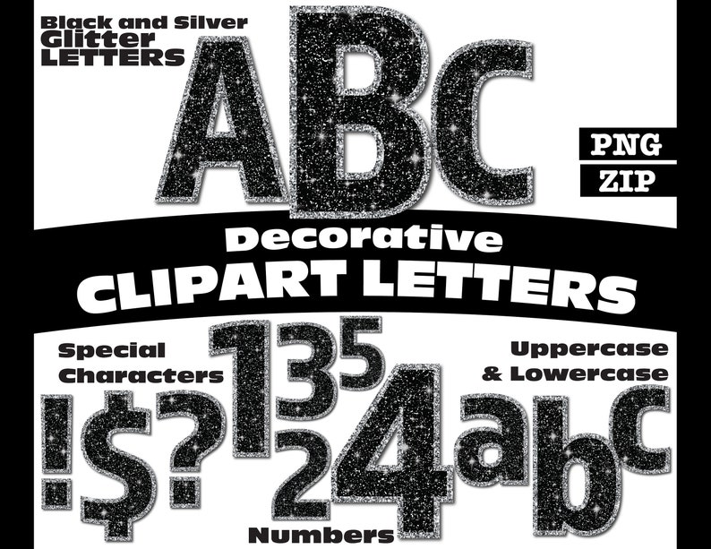 Black and Silver Glitter Clipart Letters PNG Complete Alphanumeric Set ...