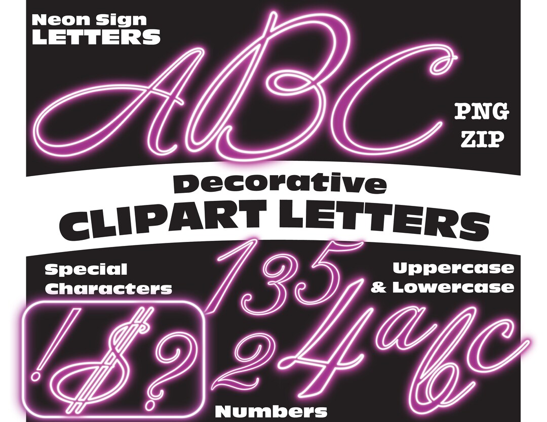 Glowing Purple Neon Sign Clipart Letters PNG Digital Download Complete ...