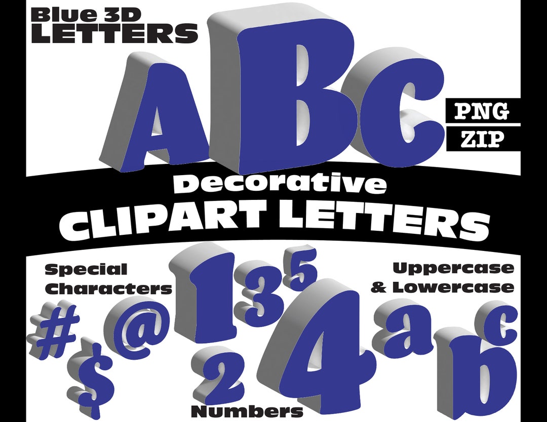 Blue 3D Clipart Letters PNG Digital Download Complete Alphanumeric Set ...