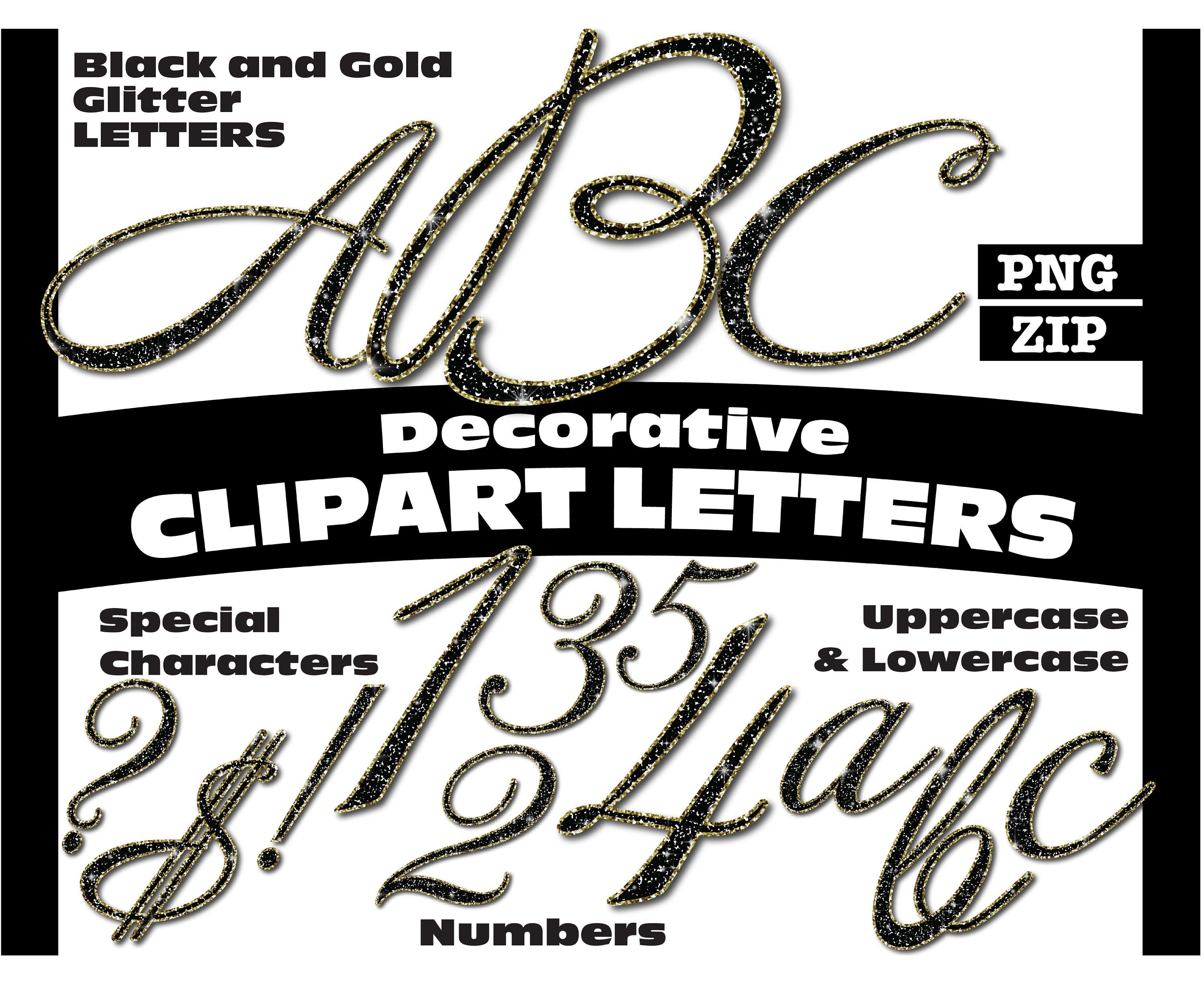 Black and Gold Glitter Clipart Letters PNG Digital Download Complete ...