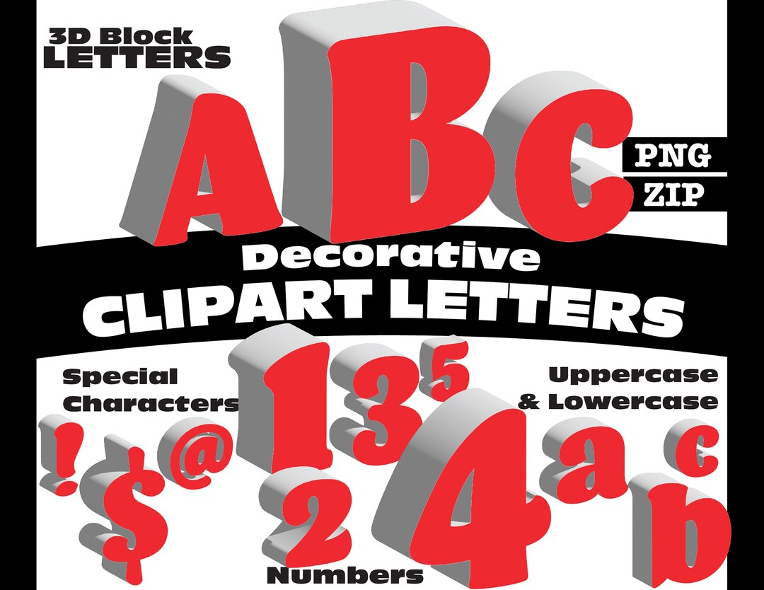 Red 3D Clipart Block Letters PNG Digital Download Complete Alphanumeric ...