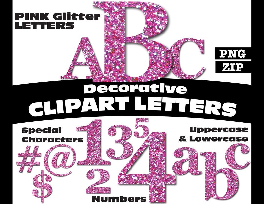 Pink Glitter Clipart Letters PNG Digital Download Complete Alphanumeric ...