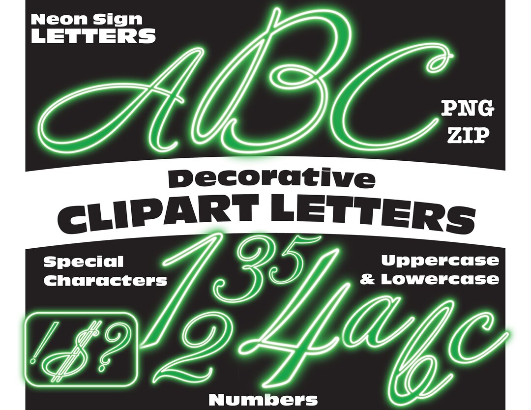 Green Glowing Neon Sign Clipart Letters PNG Digital Download Complete ...